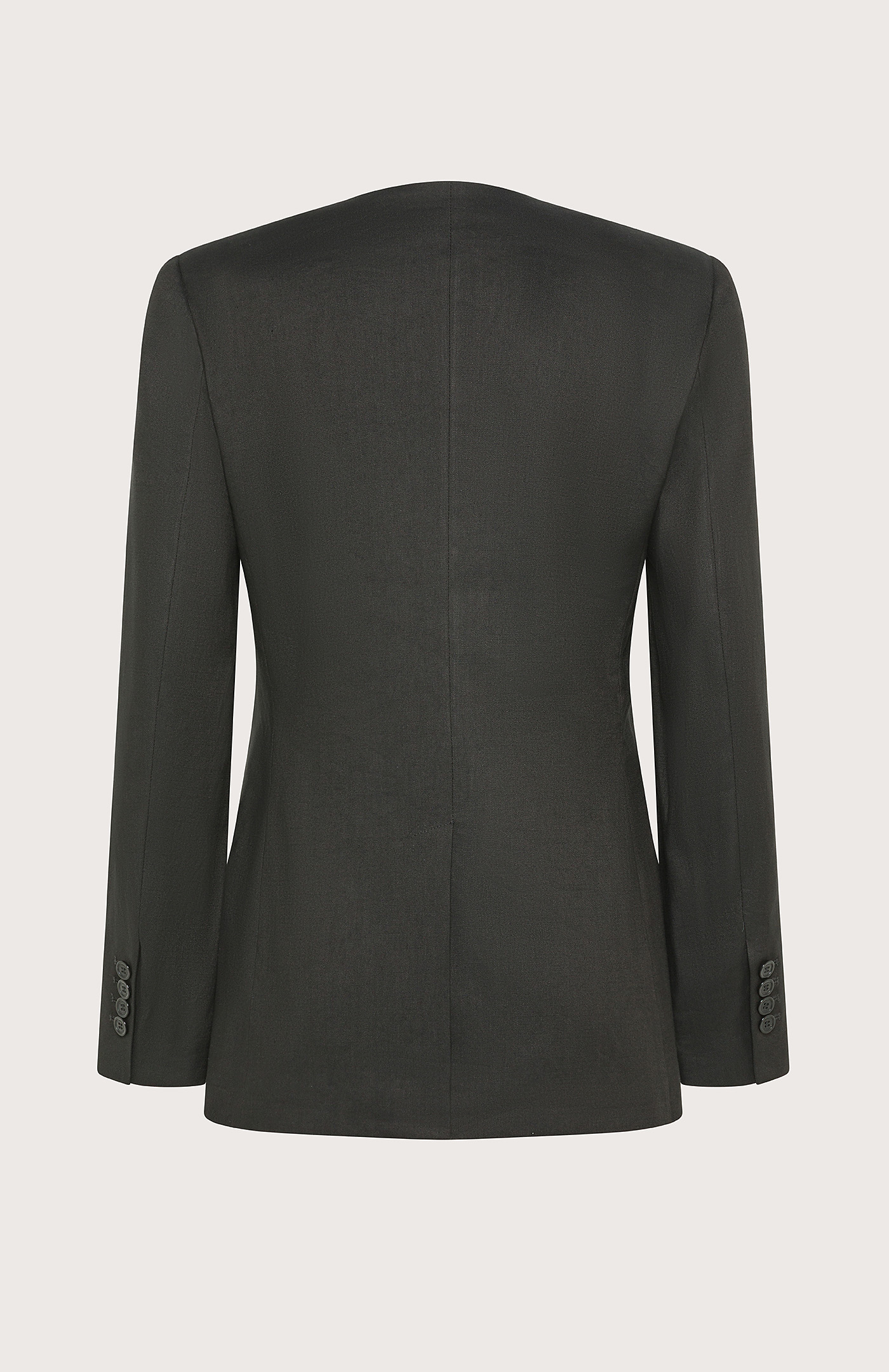 Lapel-less jacket with distinctive fastening of linen and stretch ...
